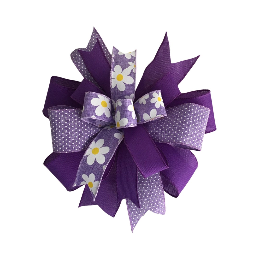 Purple Bow for Wreath, Polka Dot and Daisy Bow, Handmade Bow, Lavender ...