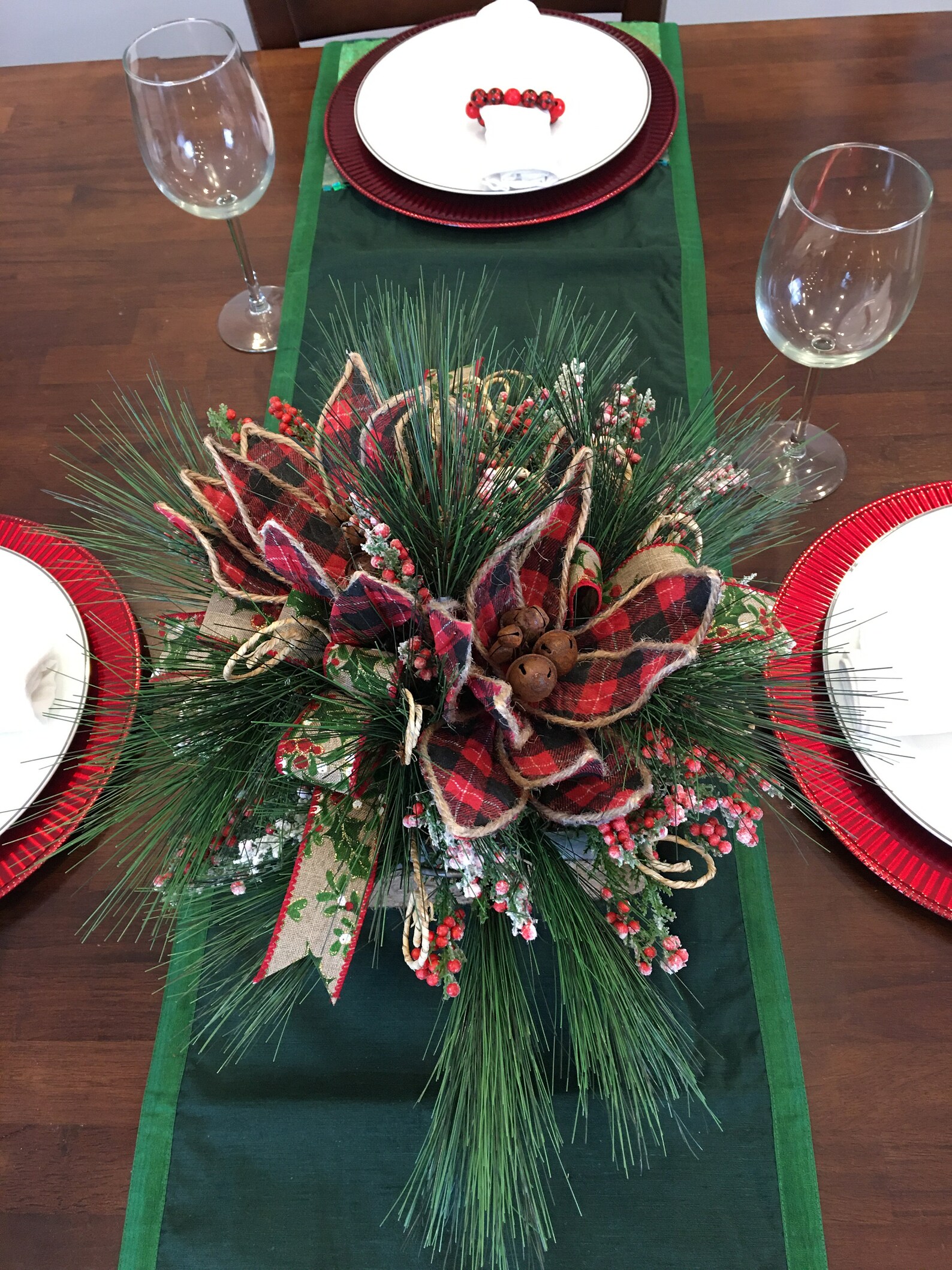 Rustic Christmas Poinsettia Centerpiece: Buffalo Plaid Holiday Table ...