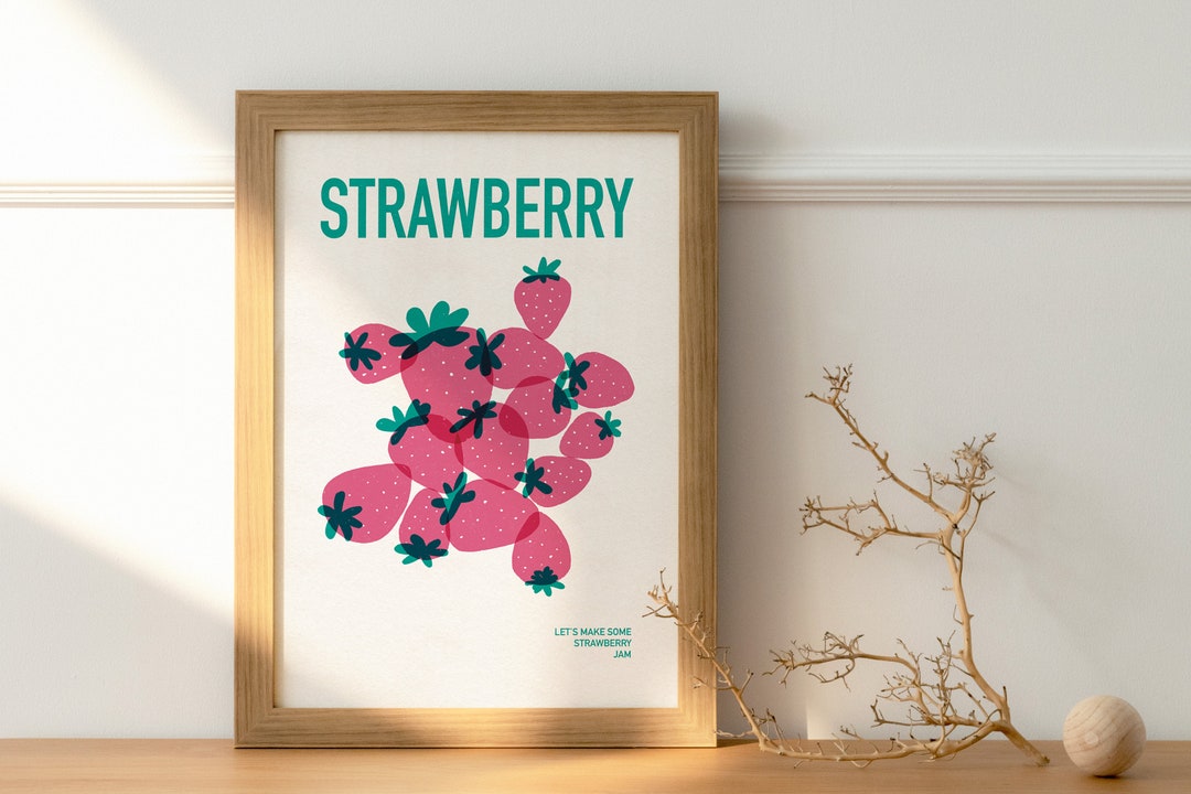 Strawberries, Kitchen Poster, Fruit Print, Riso, Downloadable Art, Wall Art Gallery, Fruit Art ...
