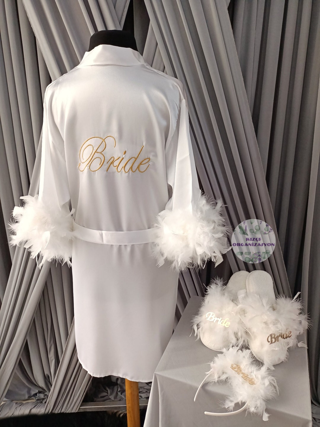 Bride Robe With Feather , Bridal Satin Robe & Slippers, Bride Crown Set ...