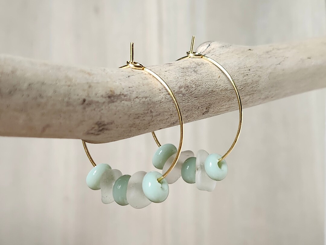Genuine Sea Glass Hoop Earrings, Beachy, One of a Kind, Handmade, Boho ...