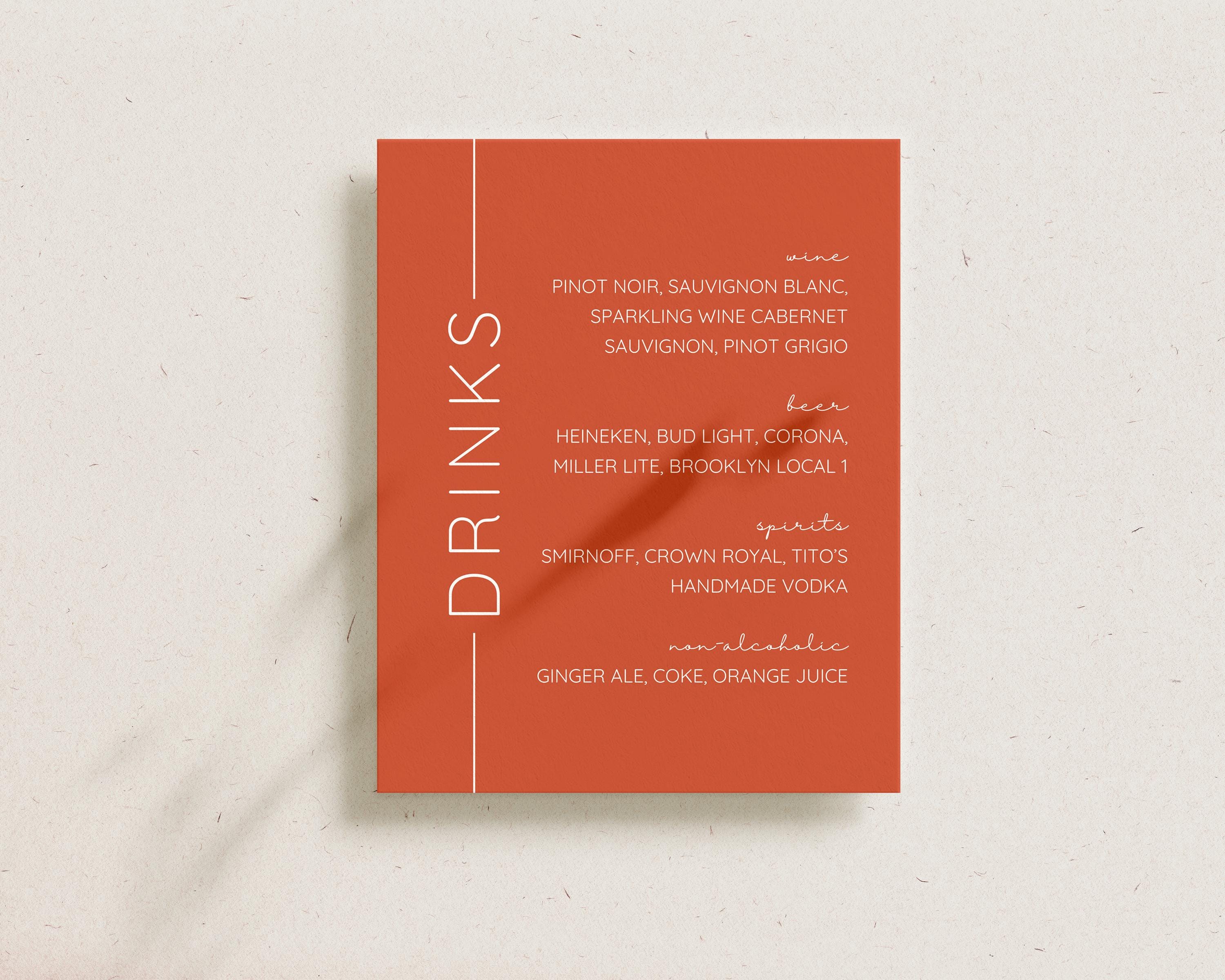 Burnt Orange Wedding Bar Menu Template (digital Download) - Etsy