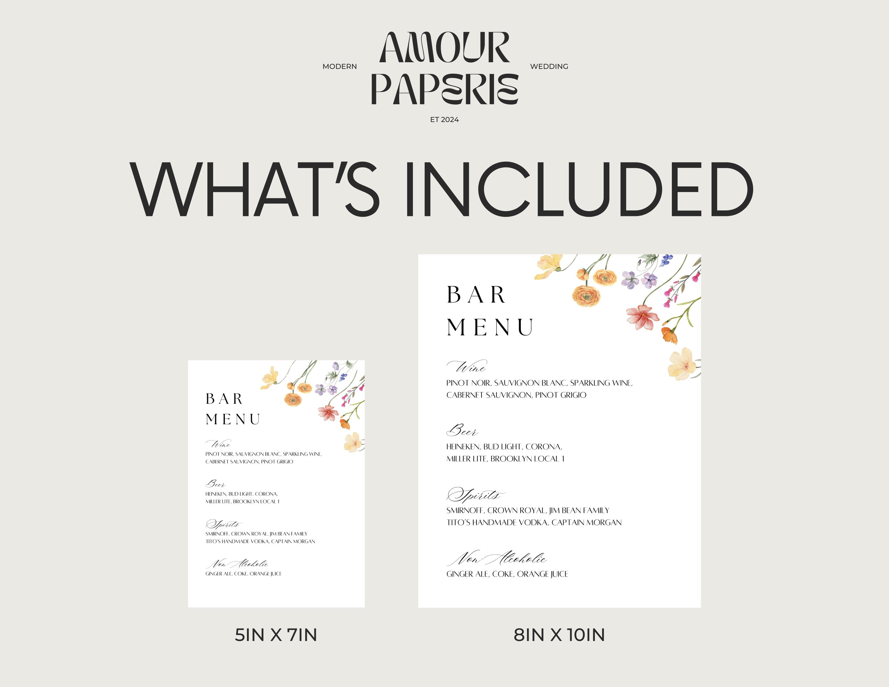 W08 - Bar Menu (8x10) (5x7) - Wildflower Theme Wedding Bar Menu Card ...