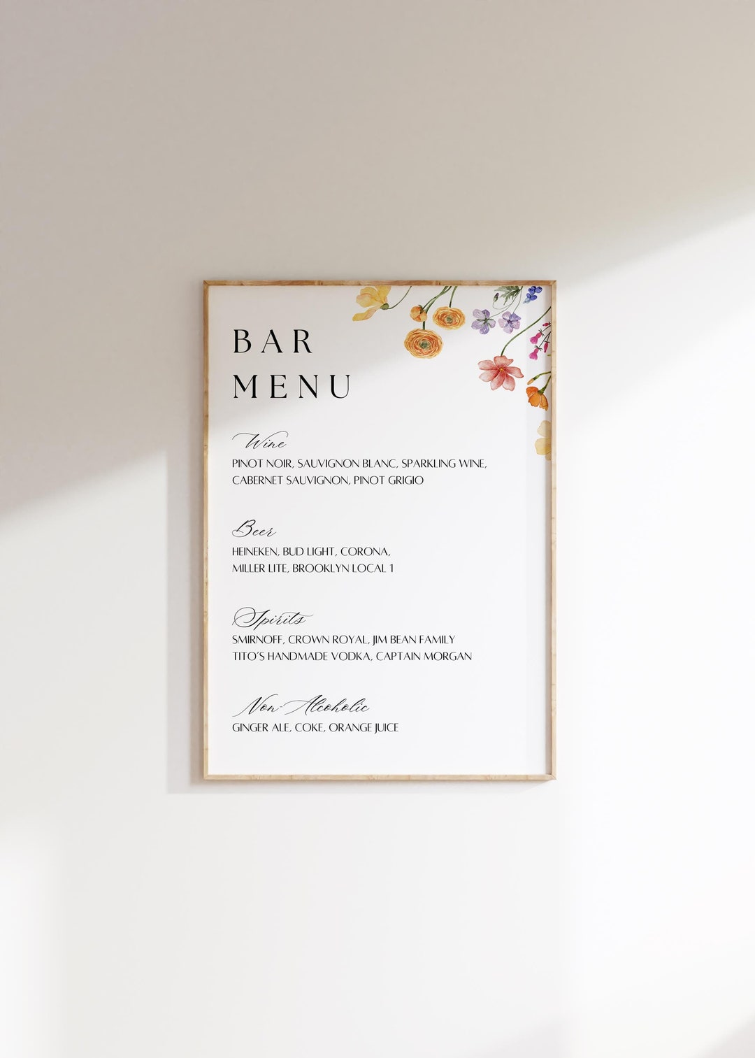 W08 - Bar Menu (8x10) (5x7) - Wildflower Theme Wedding Bar Menu Card ...