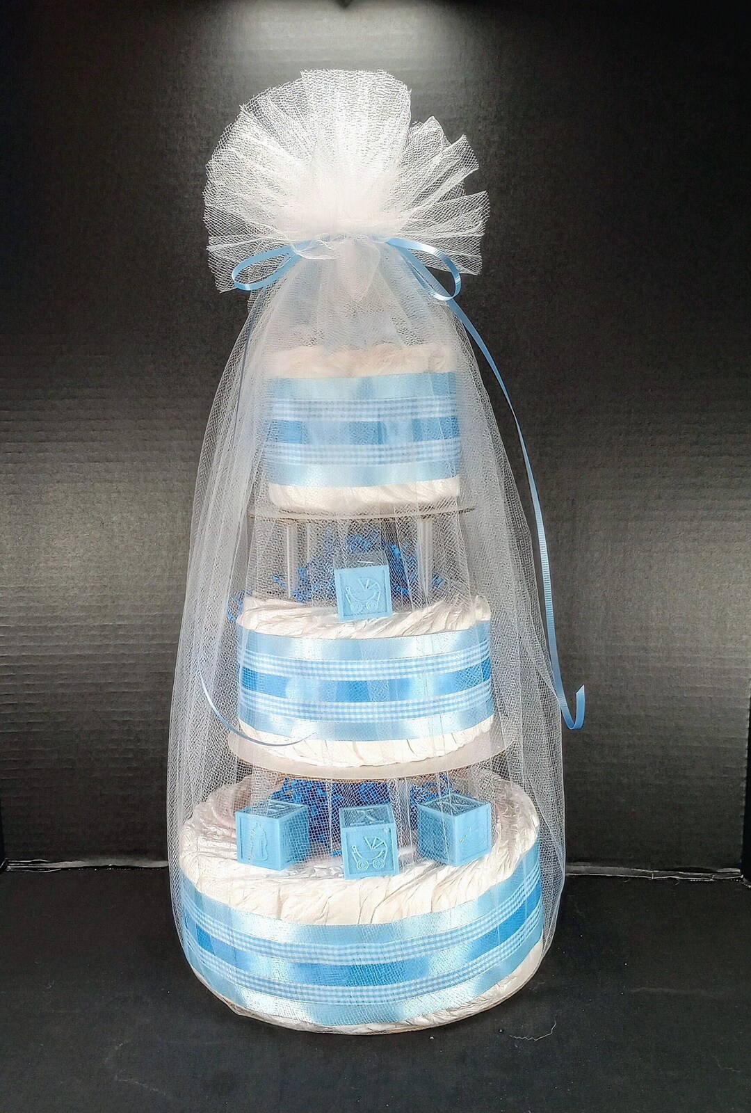 Diaper Cake 3 Tier Floating Fanned Blue it's A Boy Blocks & Ribbon 48 ...