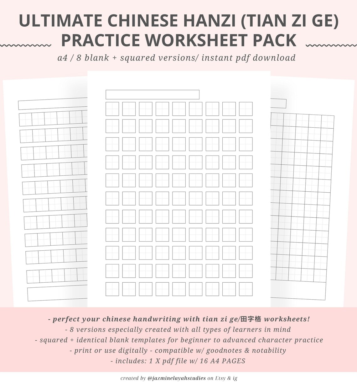 Ultimate Chinese Hanzi (tian Zi Ge) Practice Worksheet Digital ...