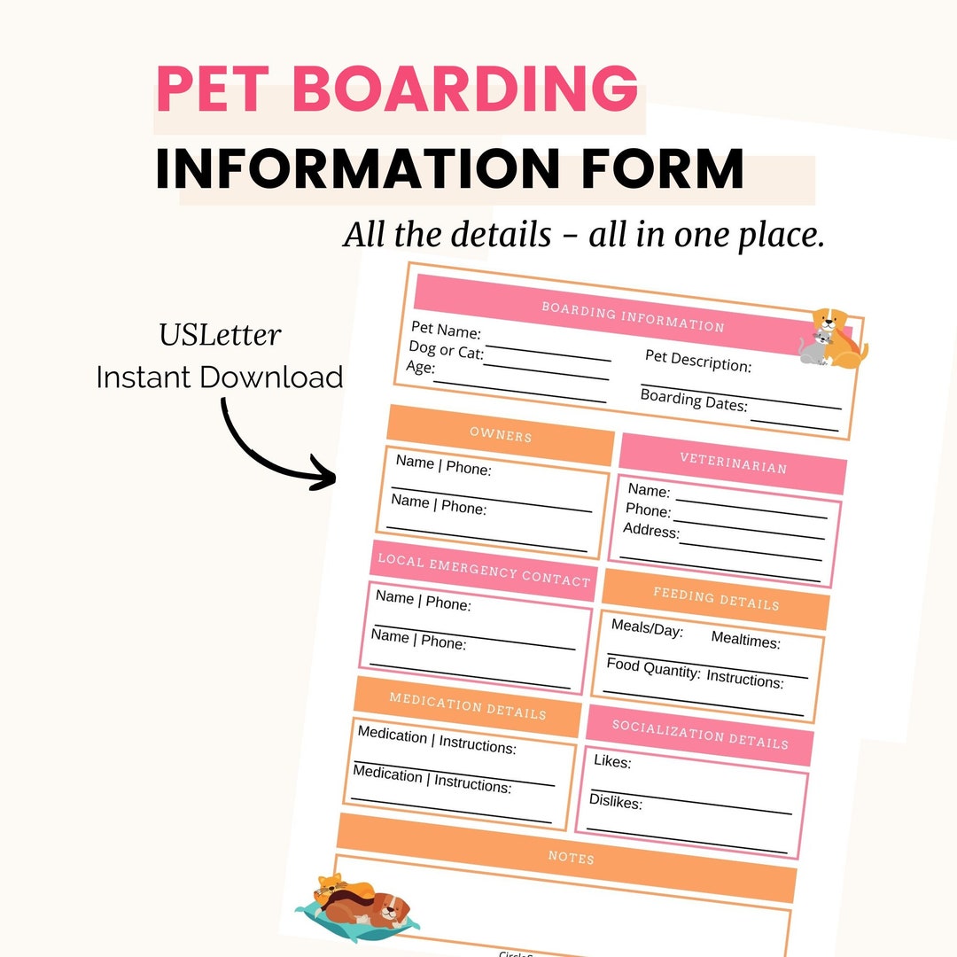 Pet Boarding Form, Petsitting Form - Etsy