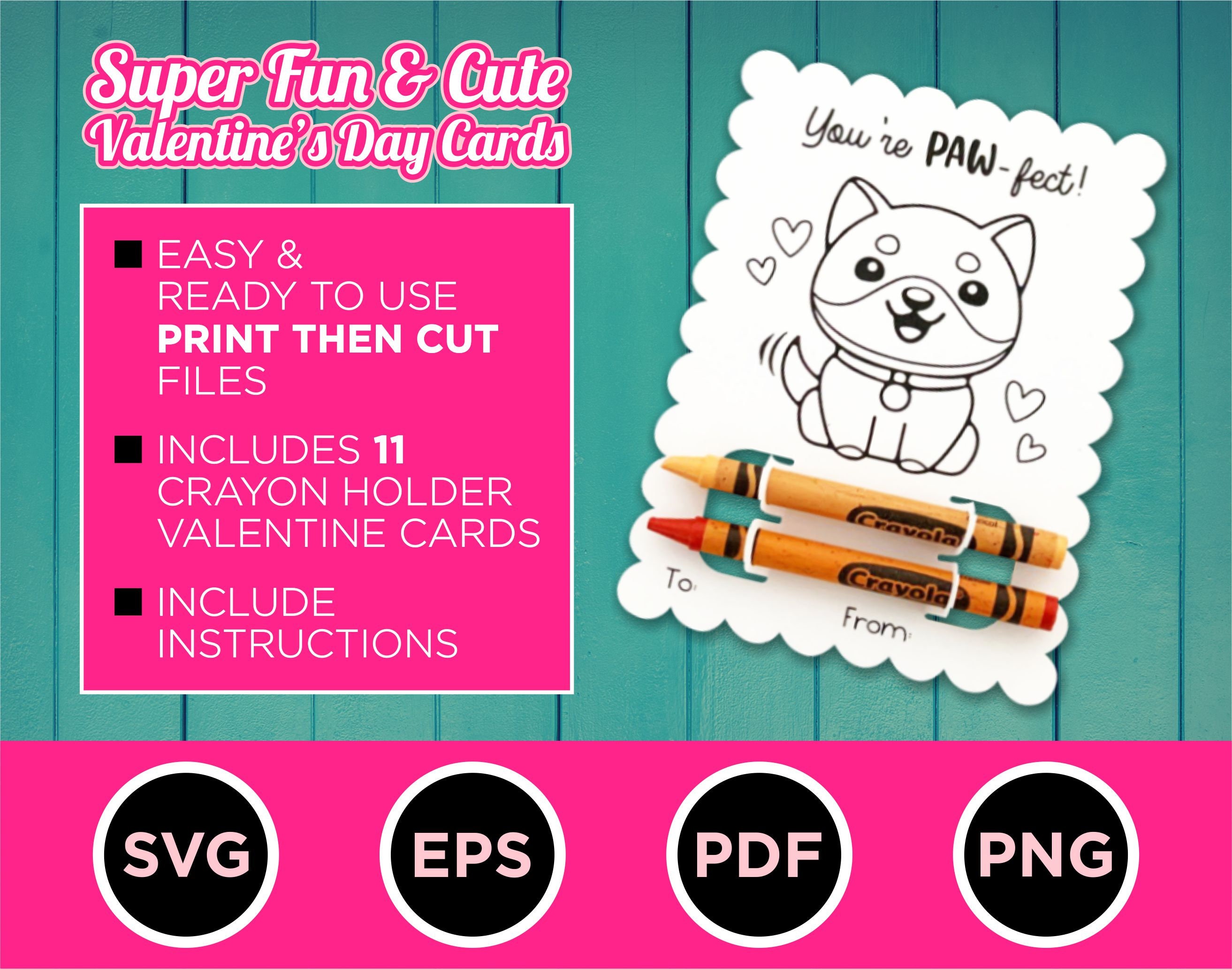 Valentine's Coloring Cards SVG Bundle: Animal Crayon Holder (printable ...