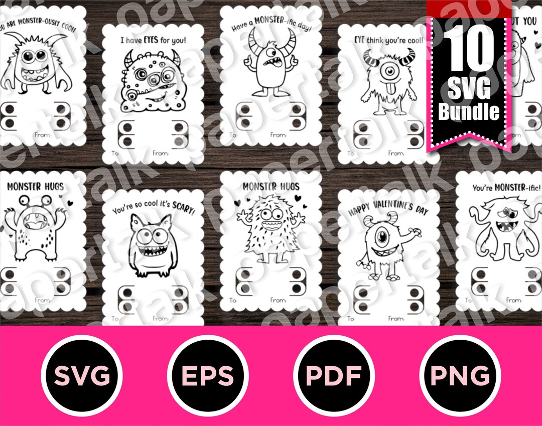 Monster Coloring Valentine Cards SVG Bundle,happy Valentines,card ...
