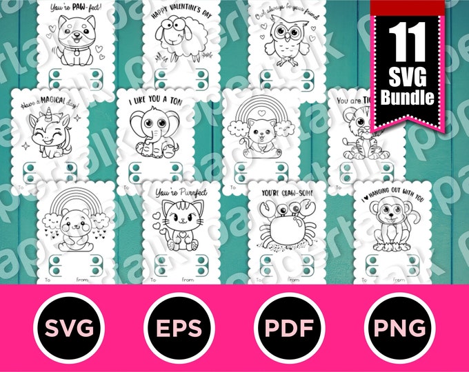 Valentine's Coloring Cards SVG Bundle: Animal Crayon Holder (printable ...