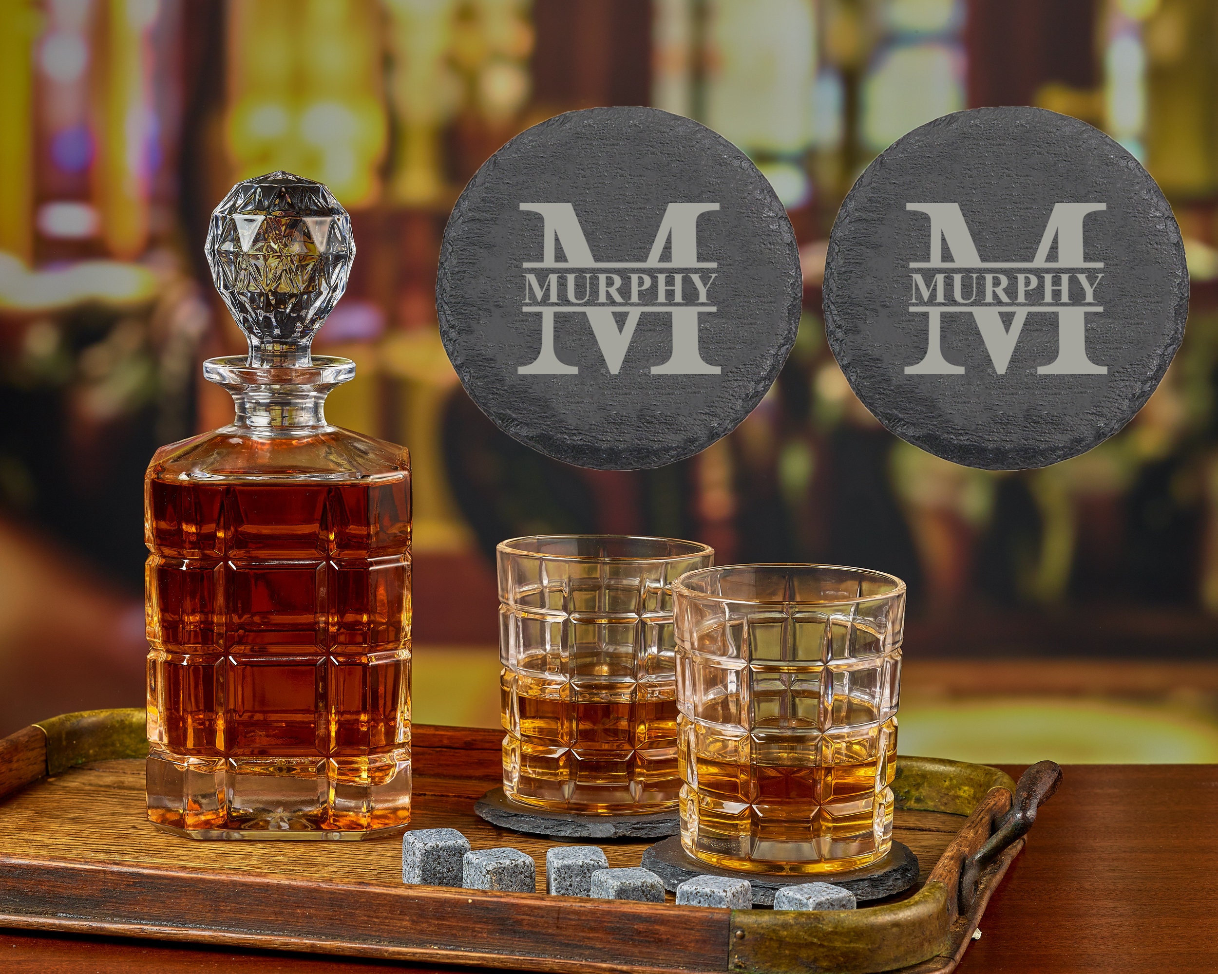 Custom Slate Coaster Decanter Set | Choice Between 2 Different Glass ...