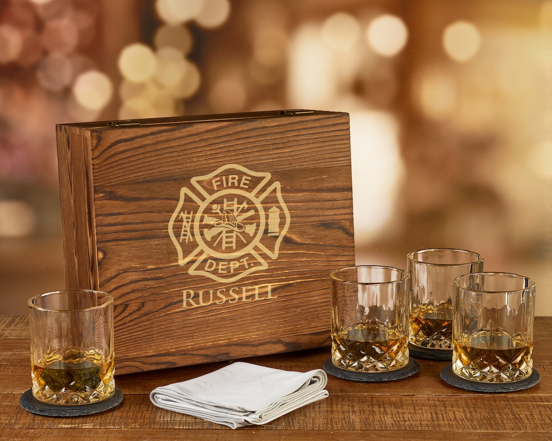 Firefighter Whiskey Glass Set | Fireman Wood Box Set | Personalized ...