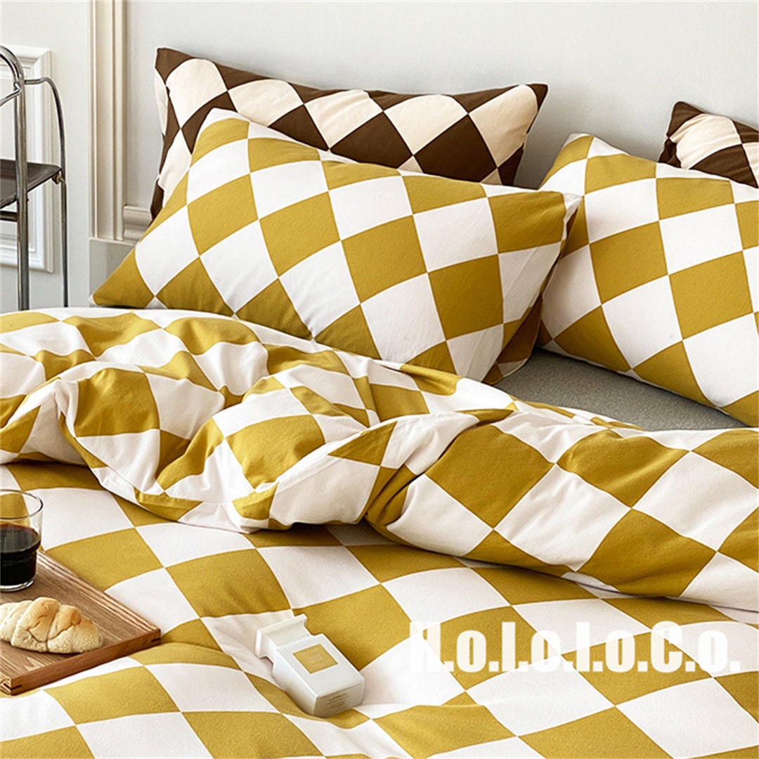 4PCS Full Vintage Plaid Duvet Cover,queen Yellow Plaid Bedding Set ...