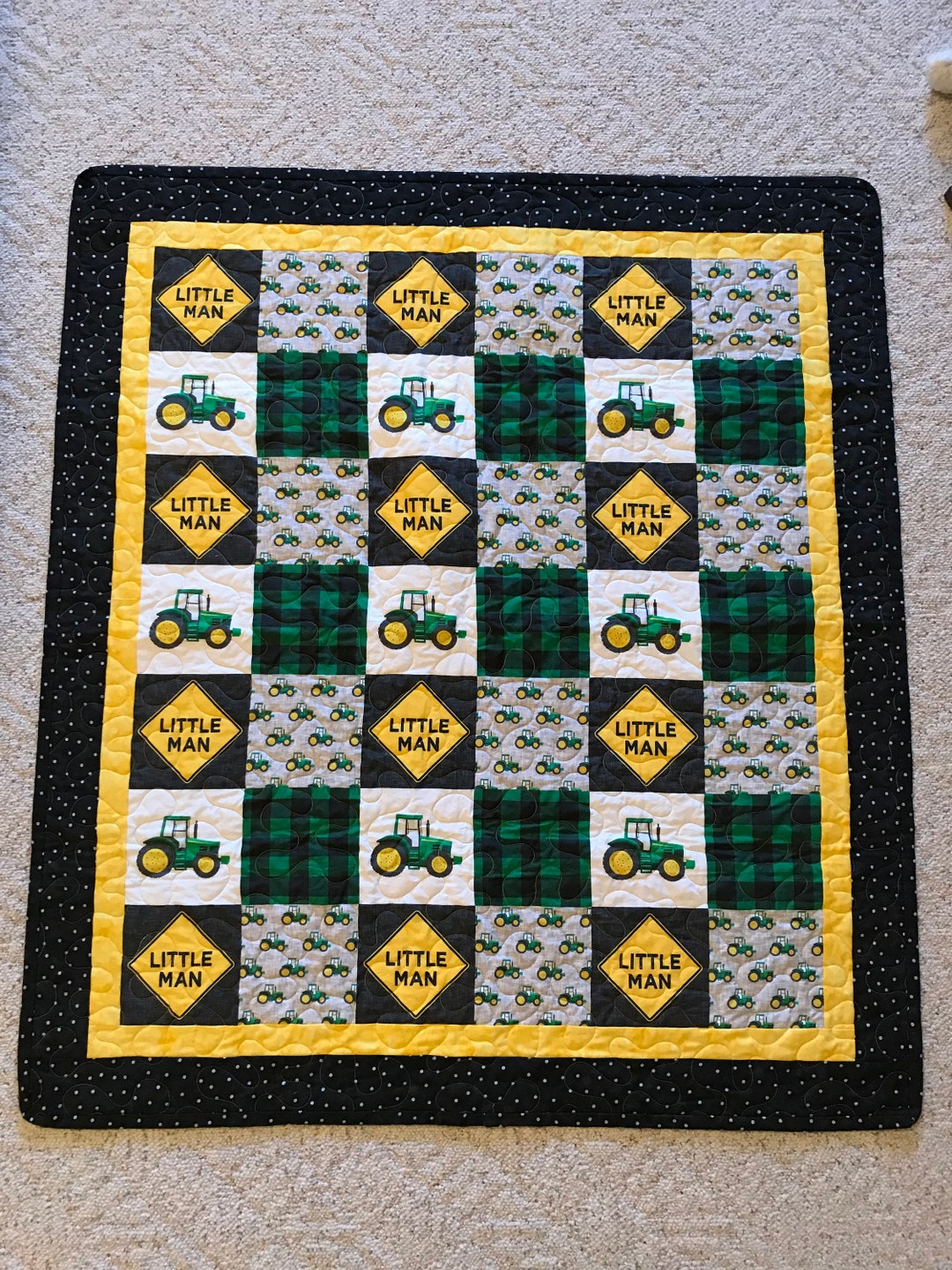 Green Tractor Baby Quilt, Boy, Tractor Theme Green Black Yellow Toddler ...