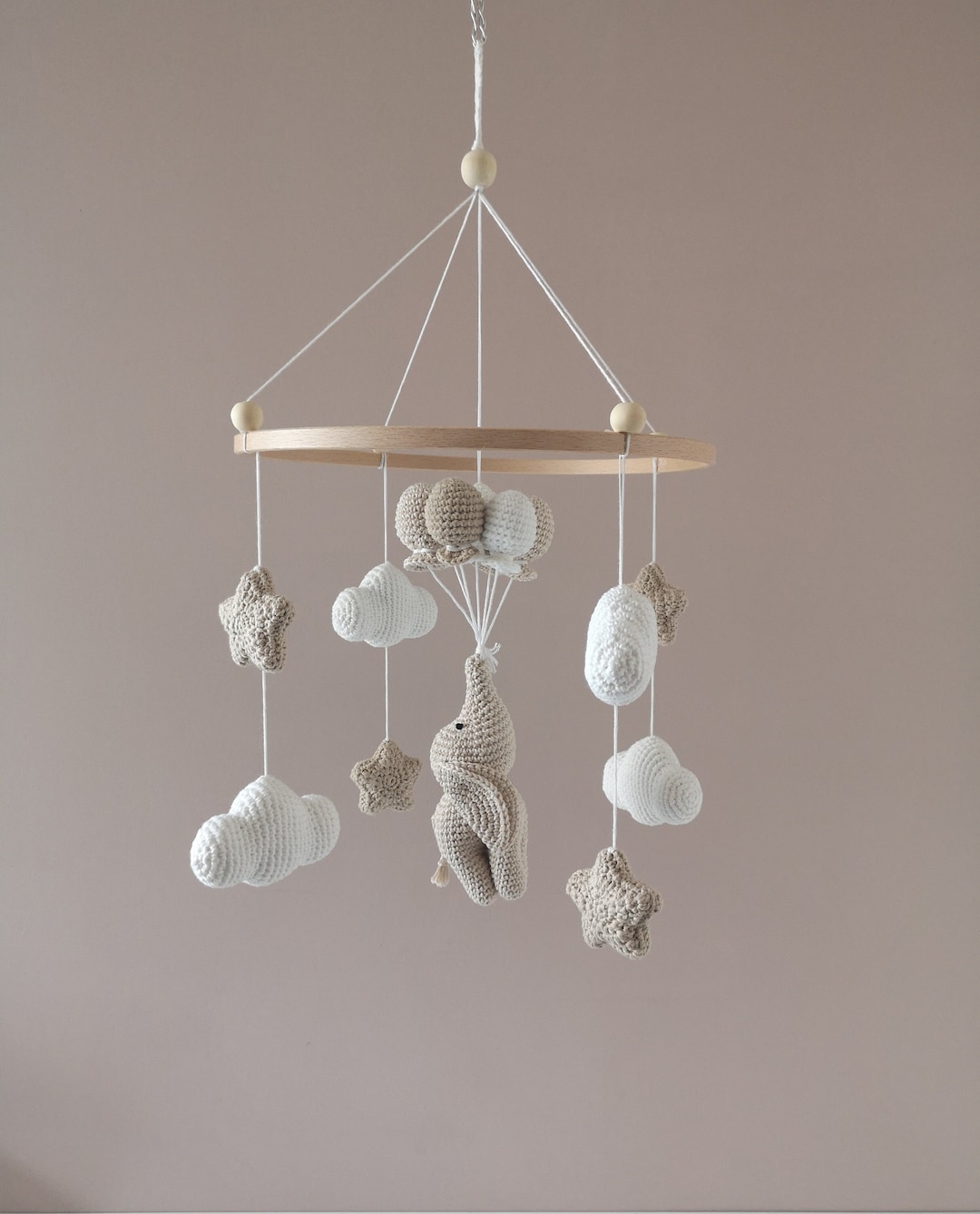 Beige Elephant Baby Mobile, Crocheted Baby Mobile. Baby Room Decoration ...