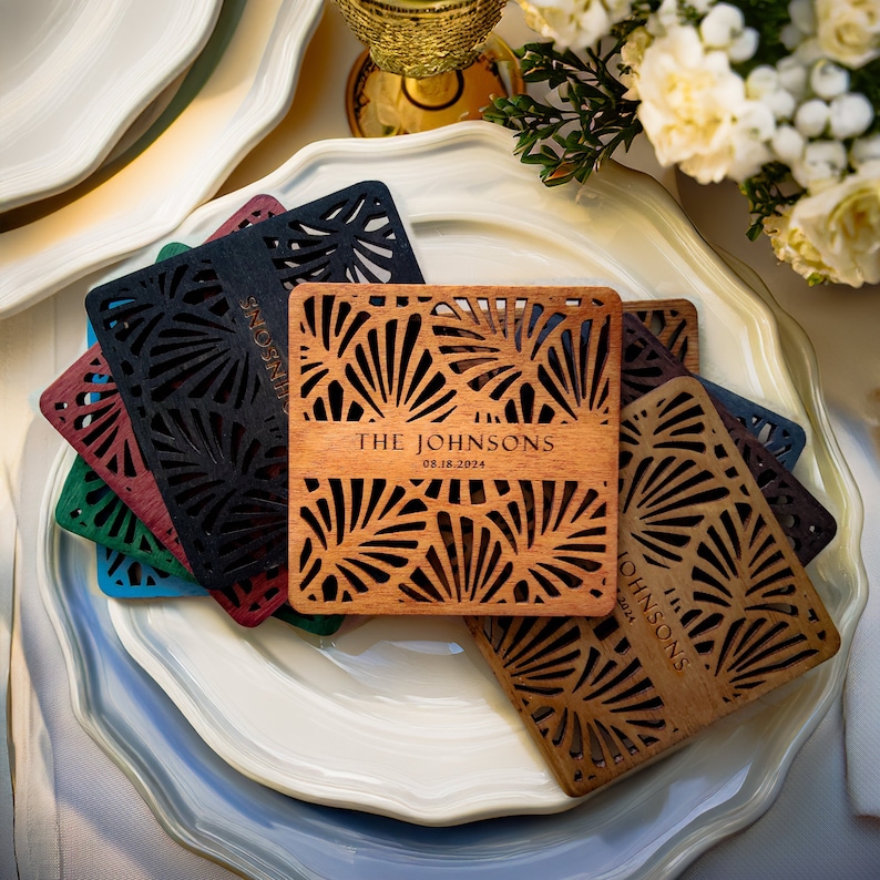 Personalized Wooden Coaster Favors: Boho Floral, Laser-cut Wedding Gift ...