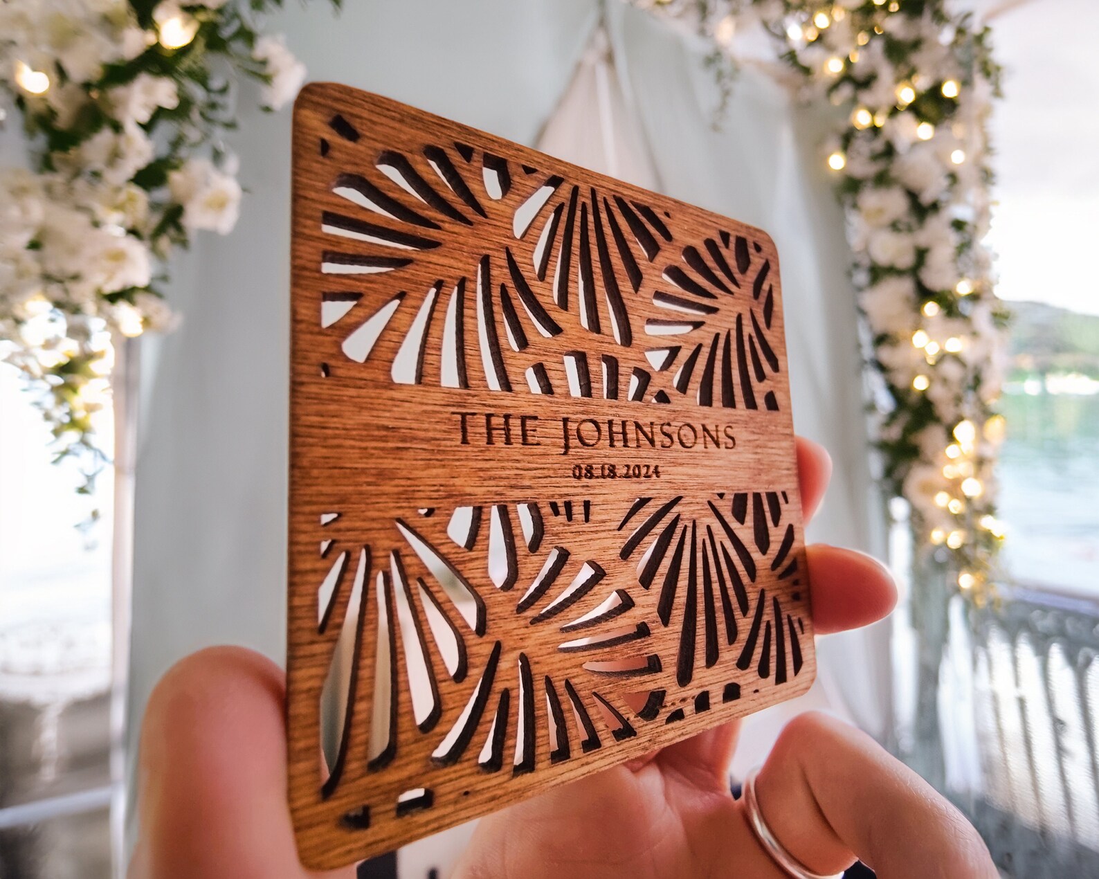 Personalized Wooden Coaster Favors: Boho Floral, Laser-cut Wedding Gift ...