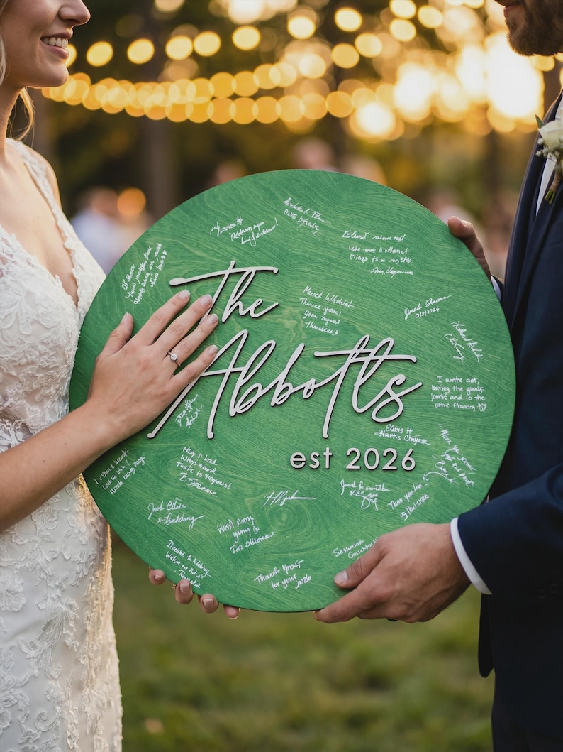 Personalized Round Wooden Wedding Guestbook Sign, Custom Family Name ...