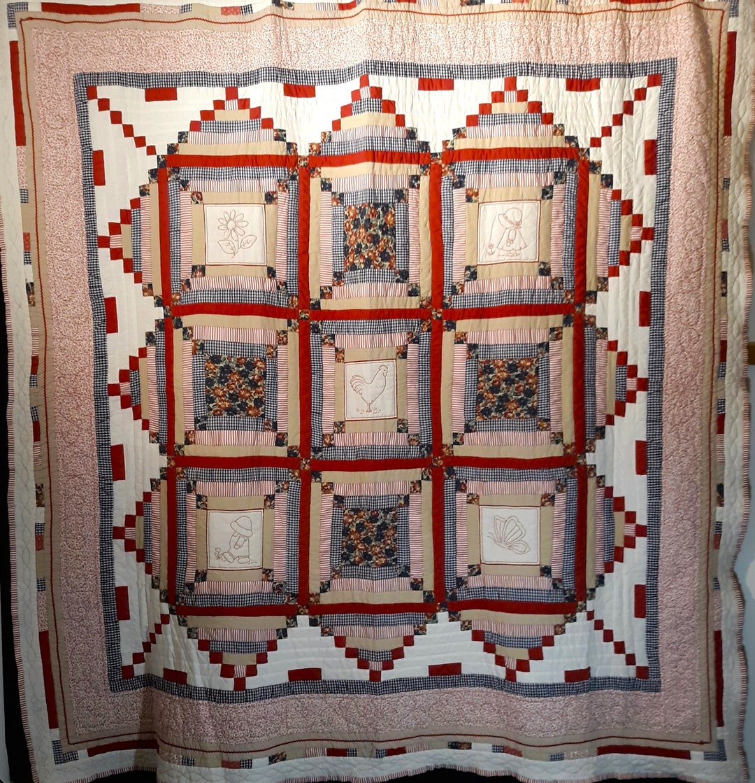 Redwork With Courthouse Step Borders - Etsy