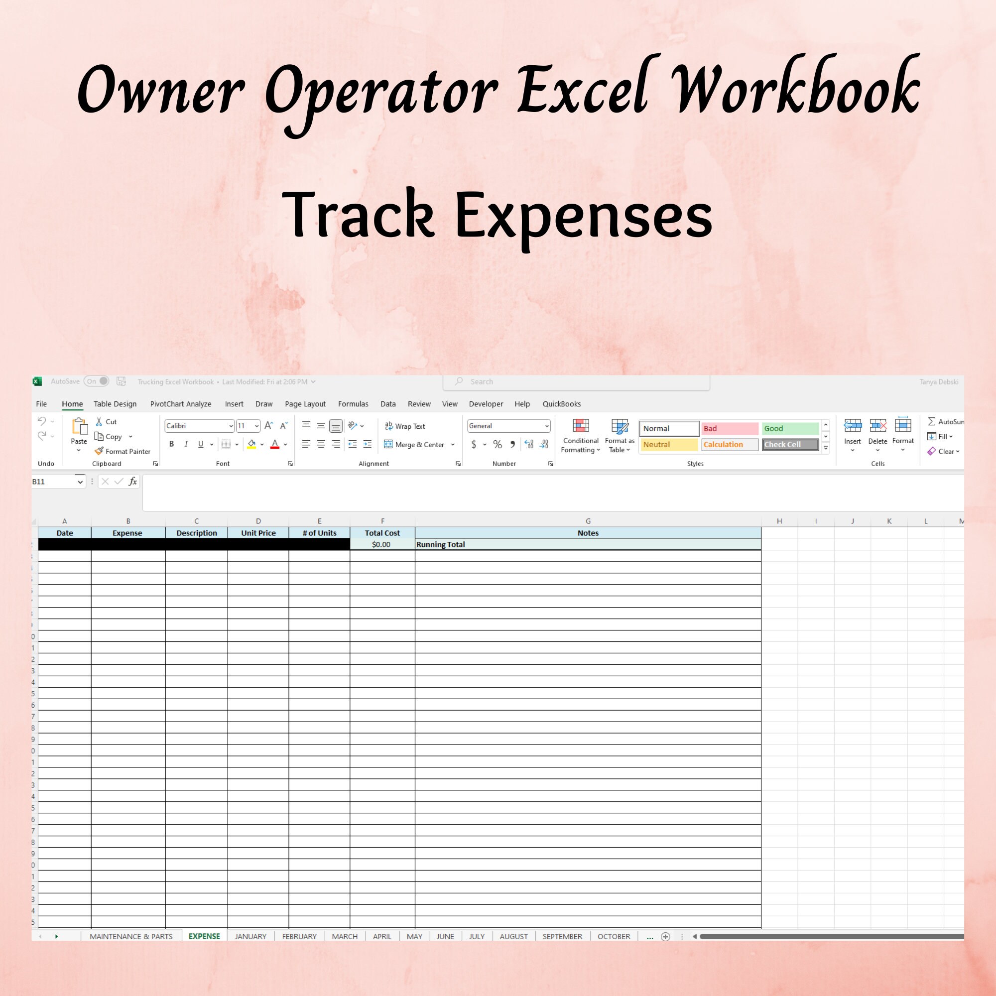 Owner Operator Excel Workbook | Maintenance Tracker | Parts List Tracker | Expense Tracker ...