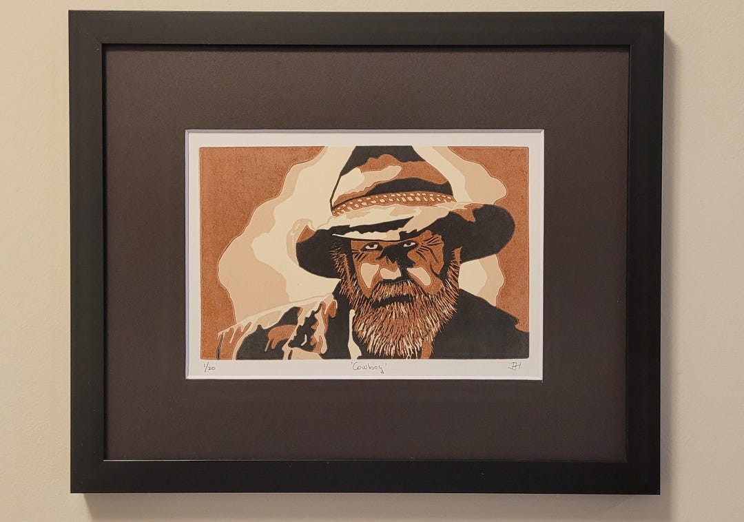 The "cowboy" is a Limited Edition Handmade Linocut Print. - Etsy