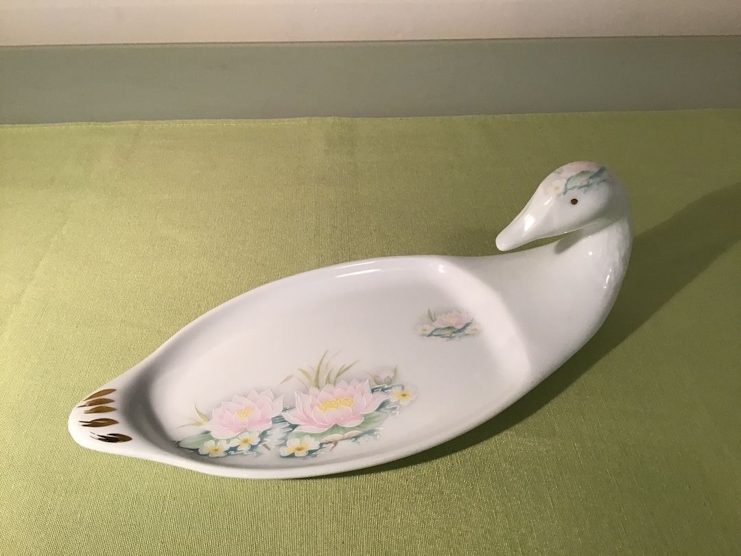 French Vintage White Ceramic Hand Painted Duck Platter With Water ...