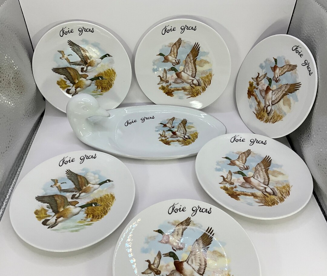 French Vintage Ceramic White Duck Platter and 6 Starter Plates for ...