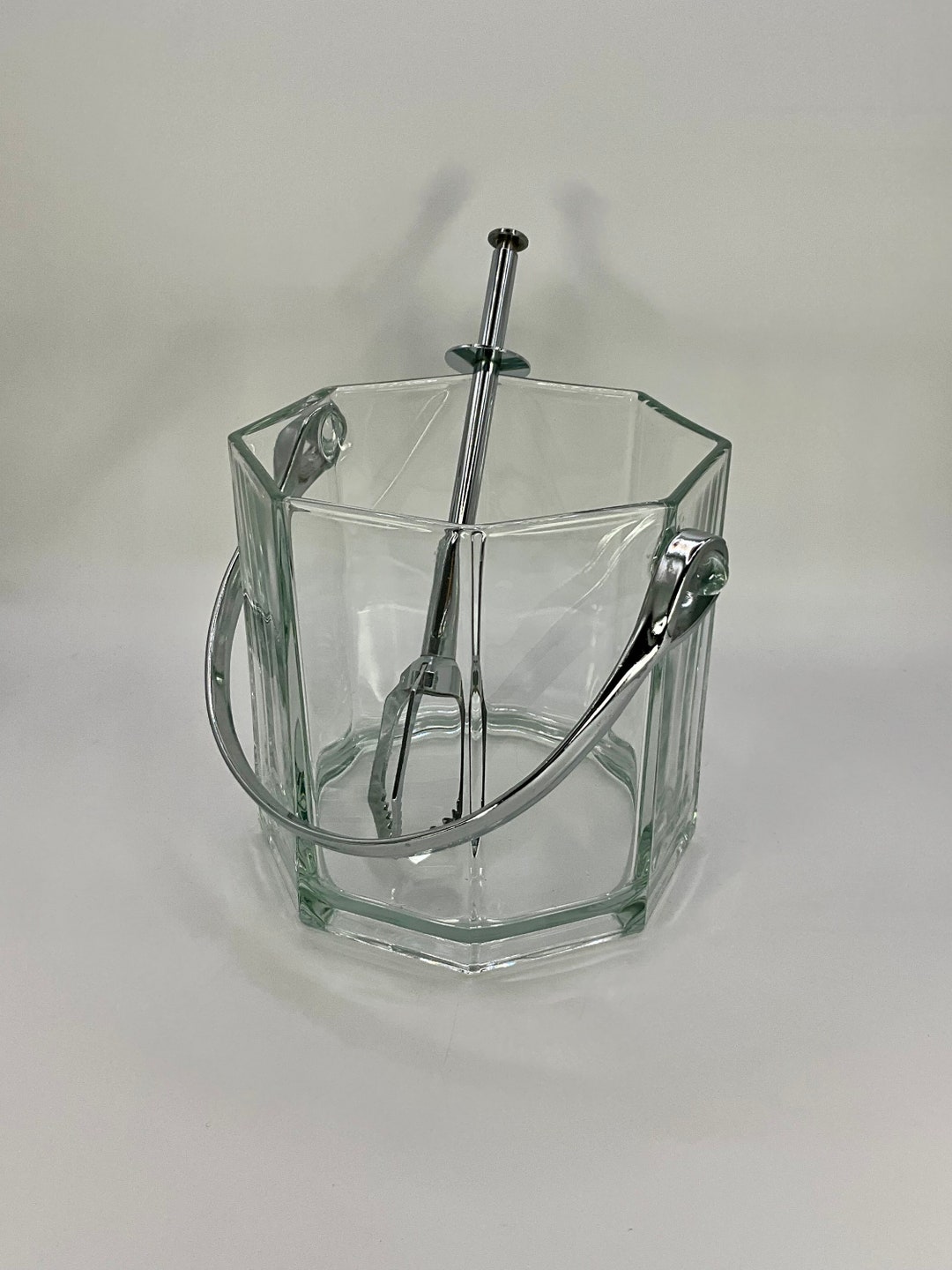 French Retro Vintage Glass Octagonal Ice Bucket With a Silver Metal ...