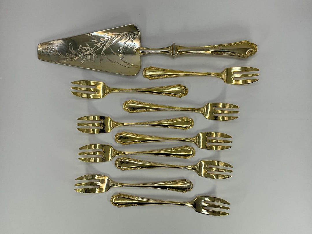 French Vintage Gold Metal Dessert Set With 9 Pastry Forks and a Server ...