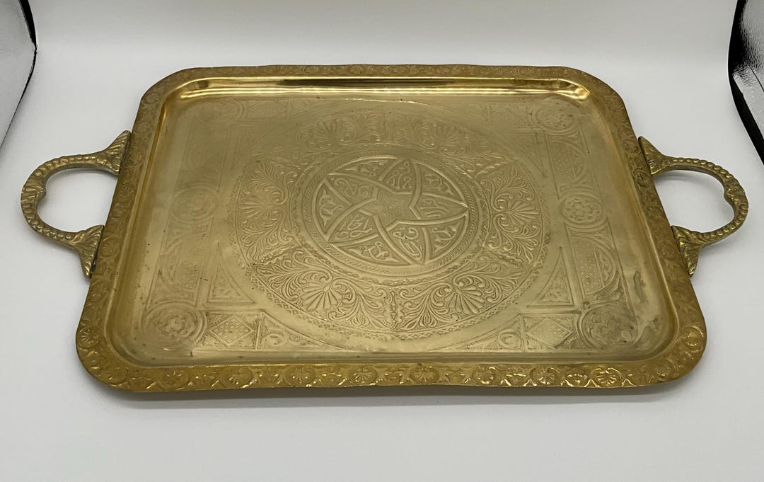Stunning Vintage Solid Brass Repousse Tray With Stars, Flowers and ...