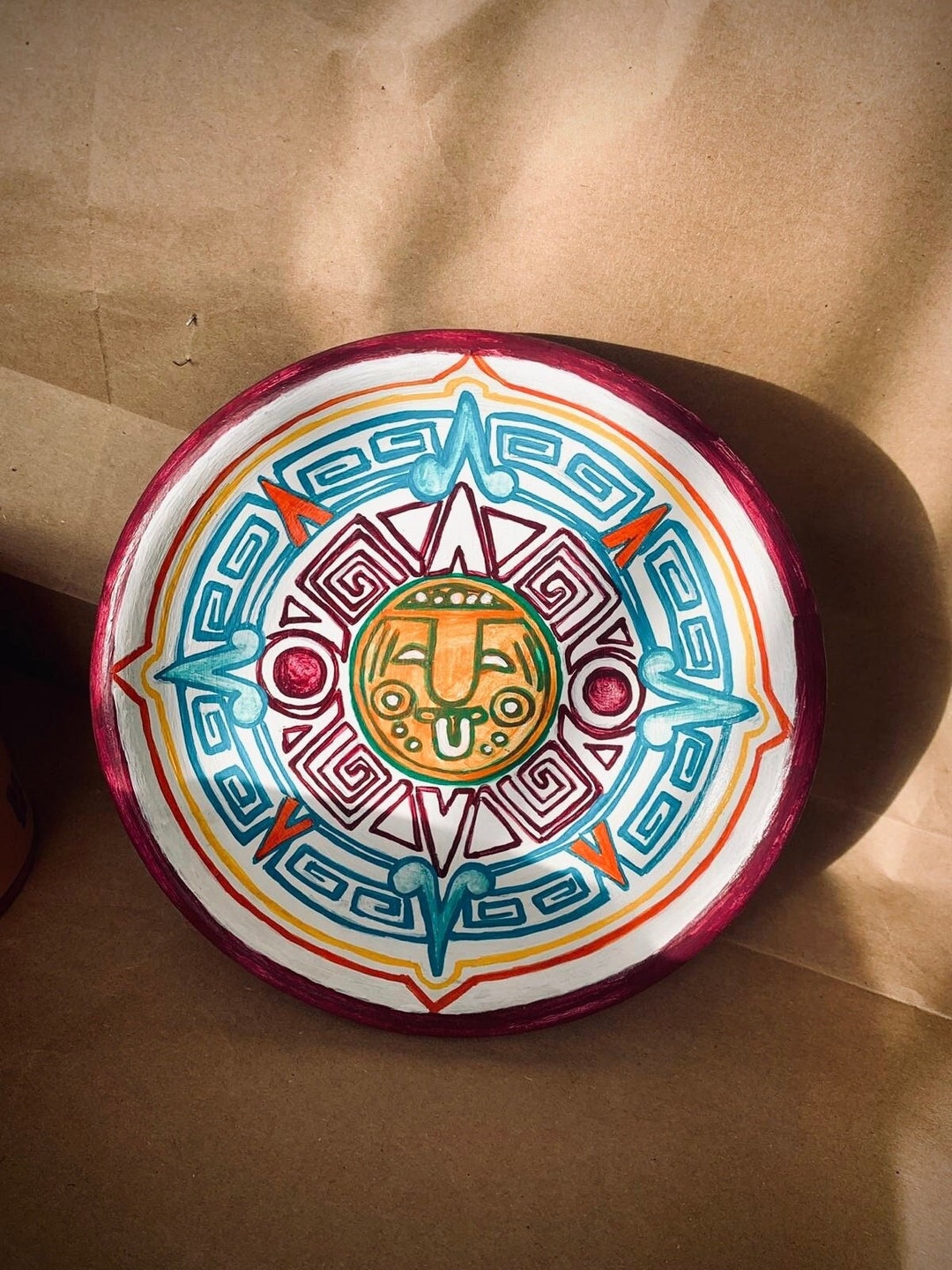 Unique Aztec Plate/jewelry Dish, Pottery, God of Sun, Maya, Inca, Sun ...