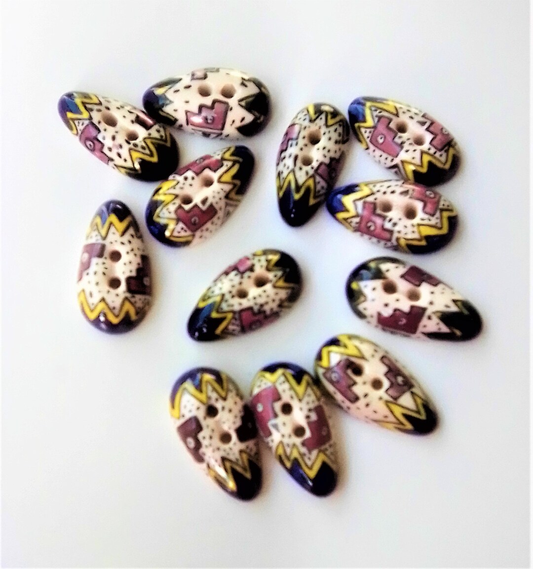 Handpainted Ceramic Buttons, Disc 14 Mm.diameter,long 26 Mm. Blue Oval ...
