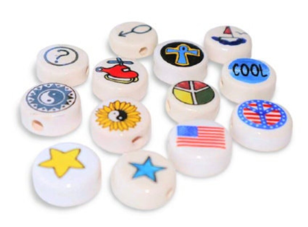 Handpainted Ceramic Beads Flat Symbols Set of 25 Pcs.assort. 20 Mm ...