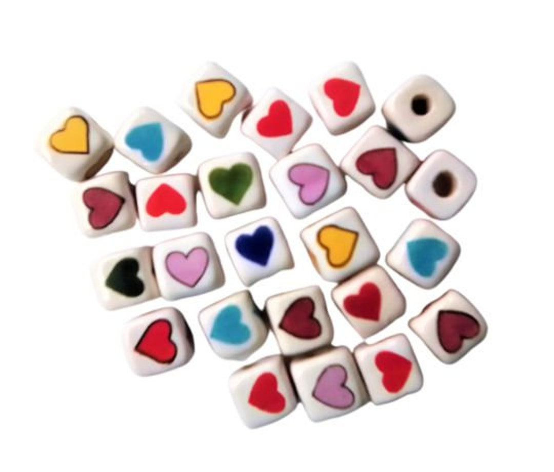 25 Colorful Hand Painted Ceramic Heart Cube Beads 9 Mm Diameter, 4mm ...