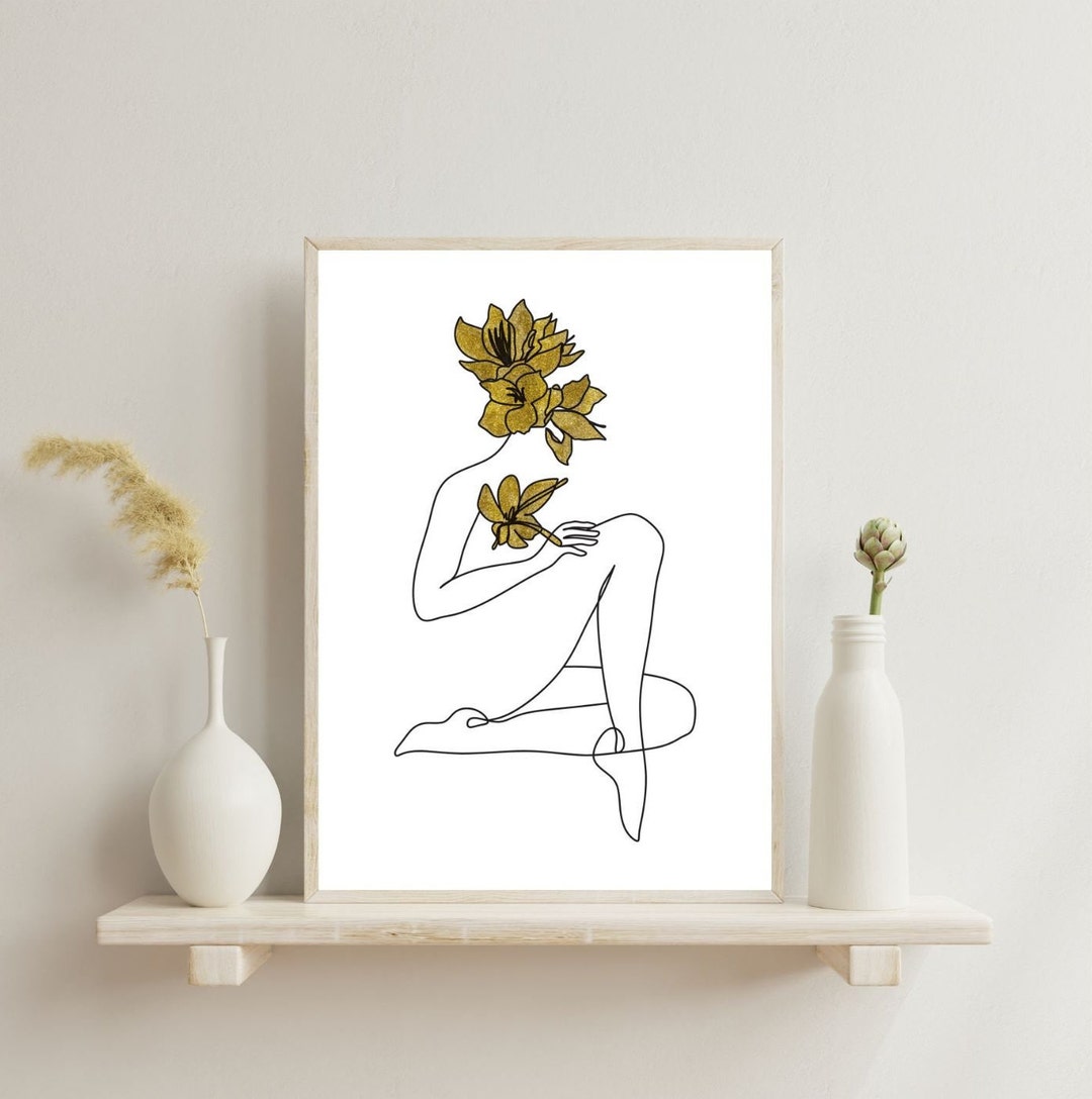 Abstract Body Line Art Print, Female Body Poster, Gold Flower Line Body ...