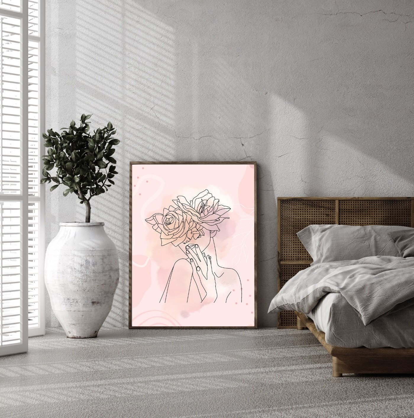 Pink Flower Head Female Face Line Art, Woman Illustration, Minimal ...