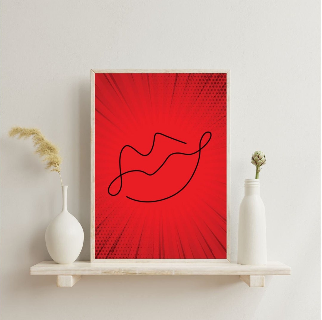 Big Red Lip Poster, Lip Digital Wall Art, Black Scribble Lip Print, Lip ...