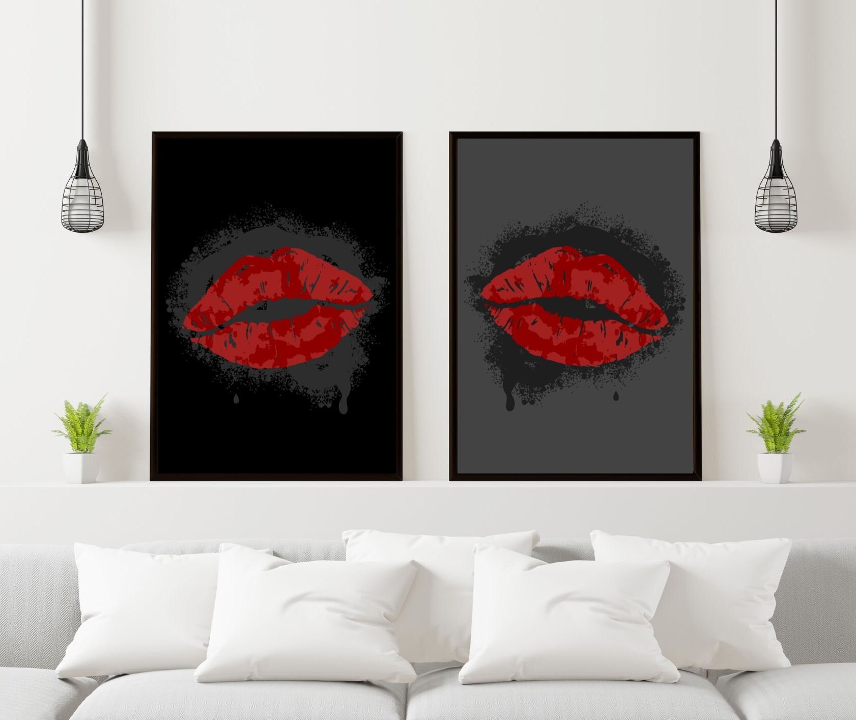 Set of 2 Lip Prints, Big Red Lips Wall Art, Bold and Trendy Lips ...