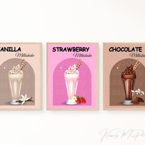 Set of 3 Milkshake Printable Art Posters, Vanilla Chocolate Strawberry ...