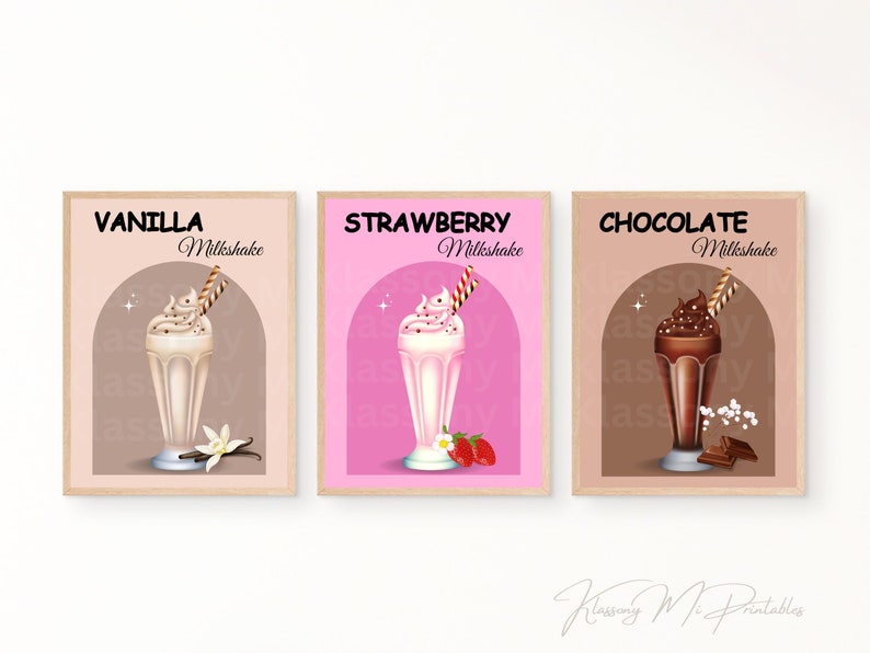 Set of 3 Milkshake Printable Art Posters, Vanilla Chocolate Strawberry ...