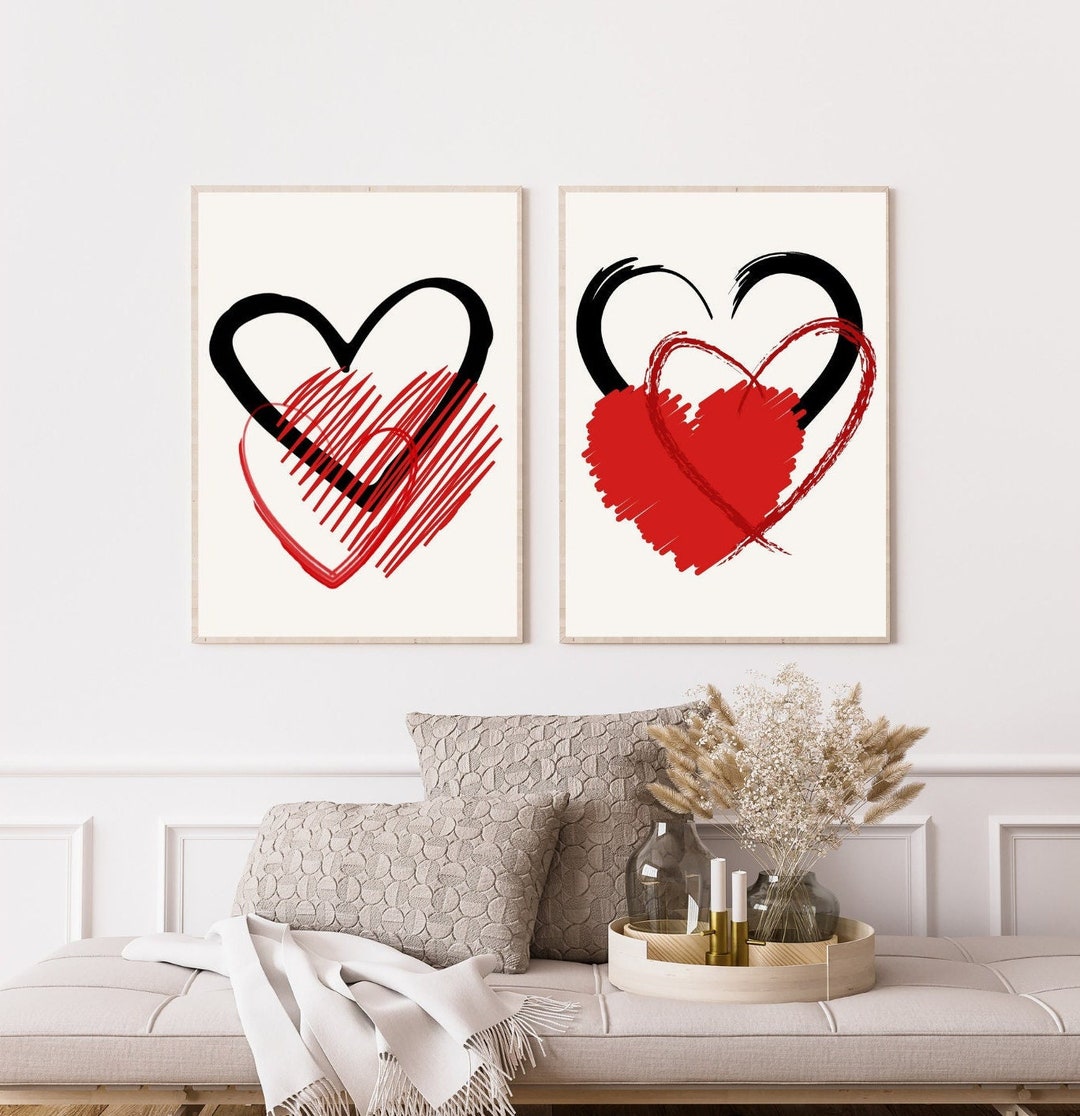 Abstract Heart Wall Art, Red Heart Poster, Set of 2 Trendy Art Designs ...
