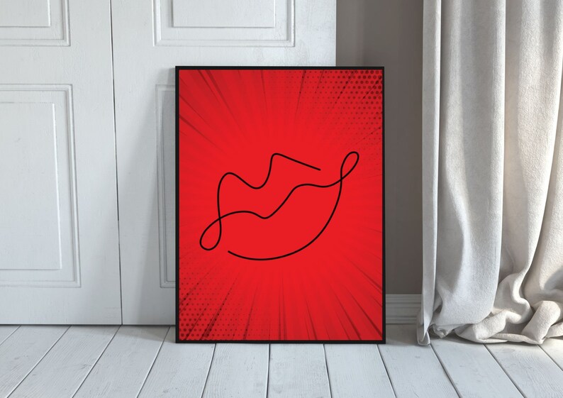 Big Red Lip Poster, Lip Digital Wall Art, Black Scribble Lip Print, Lip ...