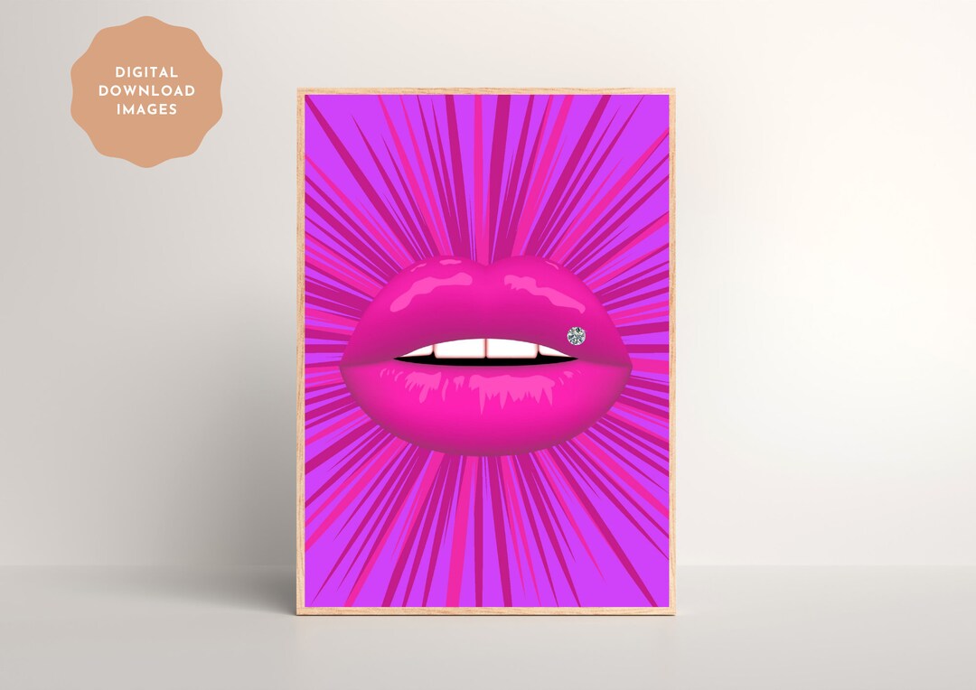 Large Pink Diamond Lips Digital Wall Art, Retro Pink Purple Poster ...