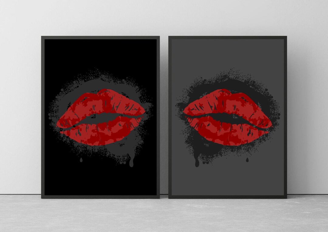 Set of 2 Lip Prints, Big Red Lips Wall Art, Bold and Trendy Lips ...