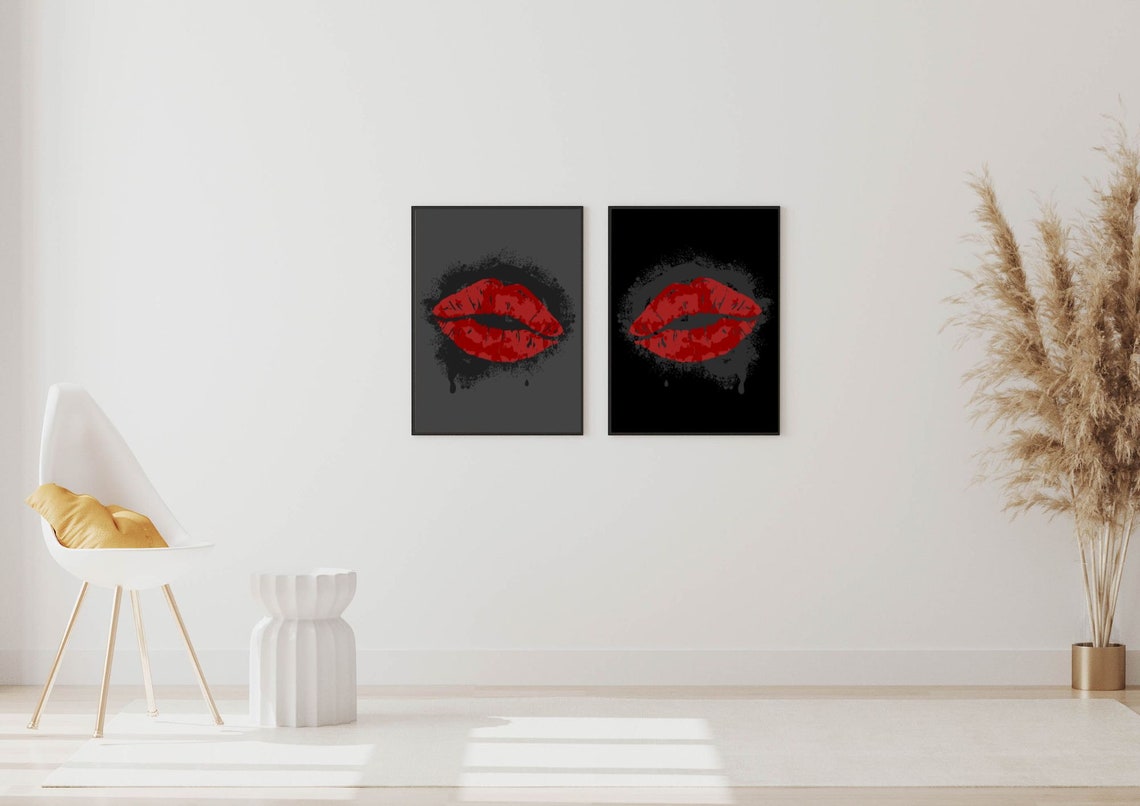 Set of 2 Lip Prints, Big Red Lips Wall Art, Bold and Trendy Lips ...