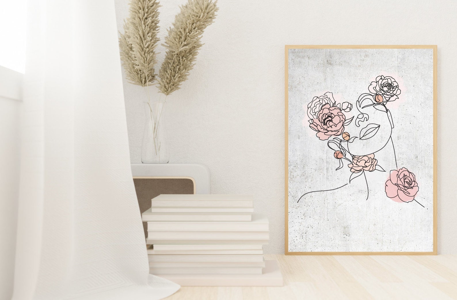 Female Face Printable Line Art, Woman Floral Head Art Decor, Abstract ...