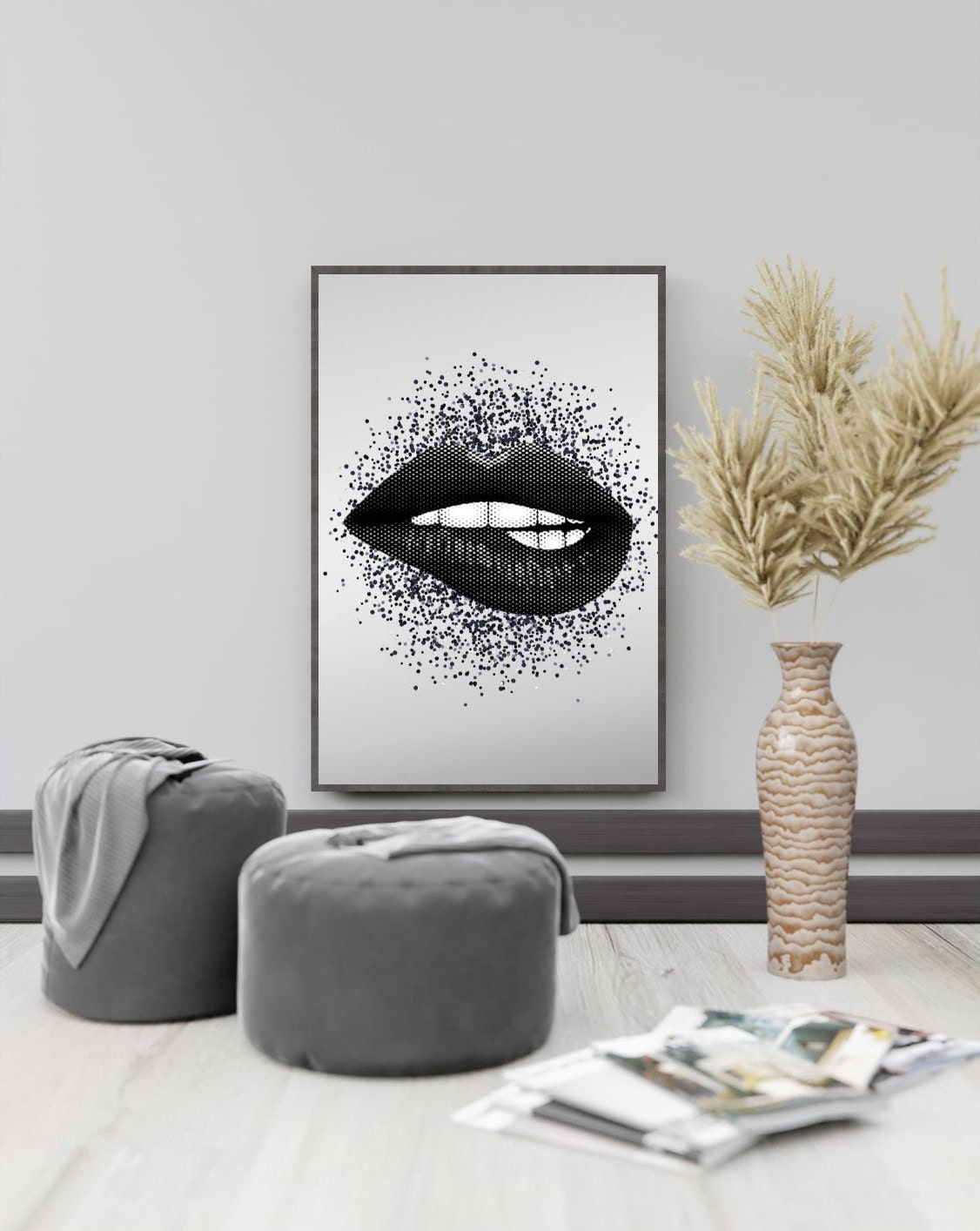 Silver Black and White Lip Printable Wall Art, Lip Digital Wall Decor ...
