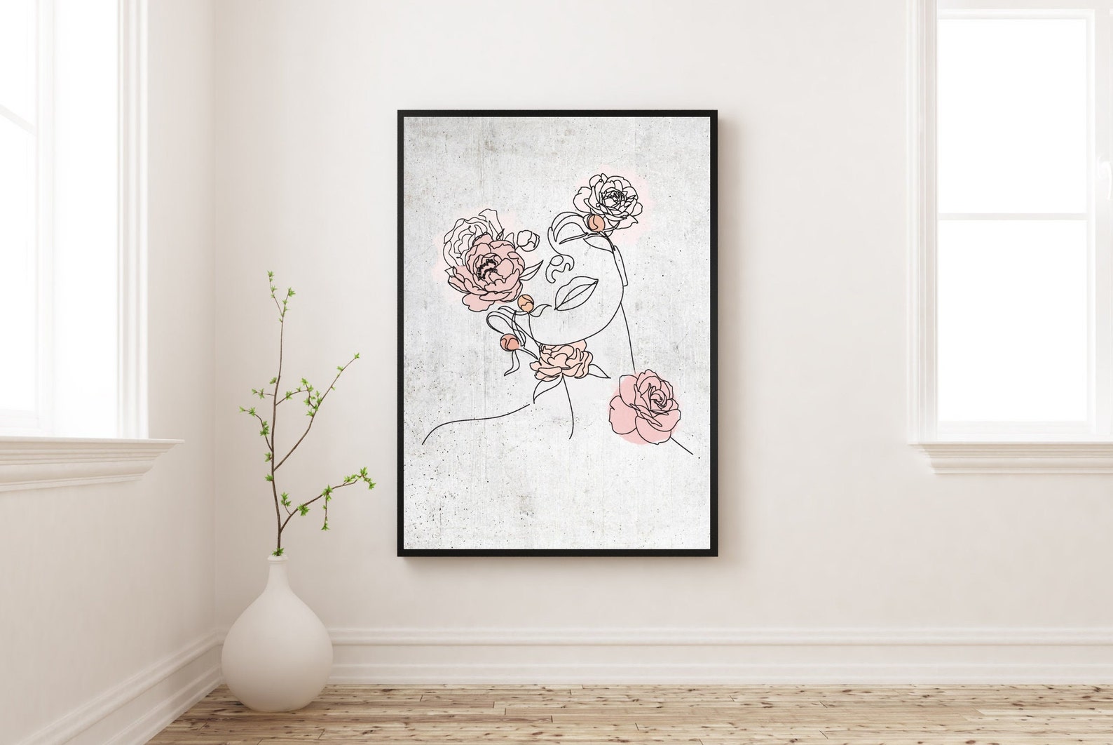 Female Face Printable Line Art, Woman Floral Head Art Decor, Abstract ...
