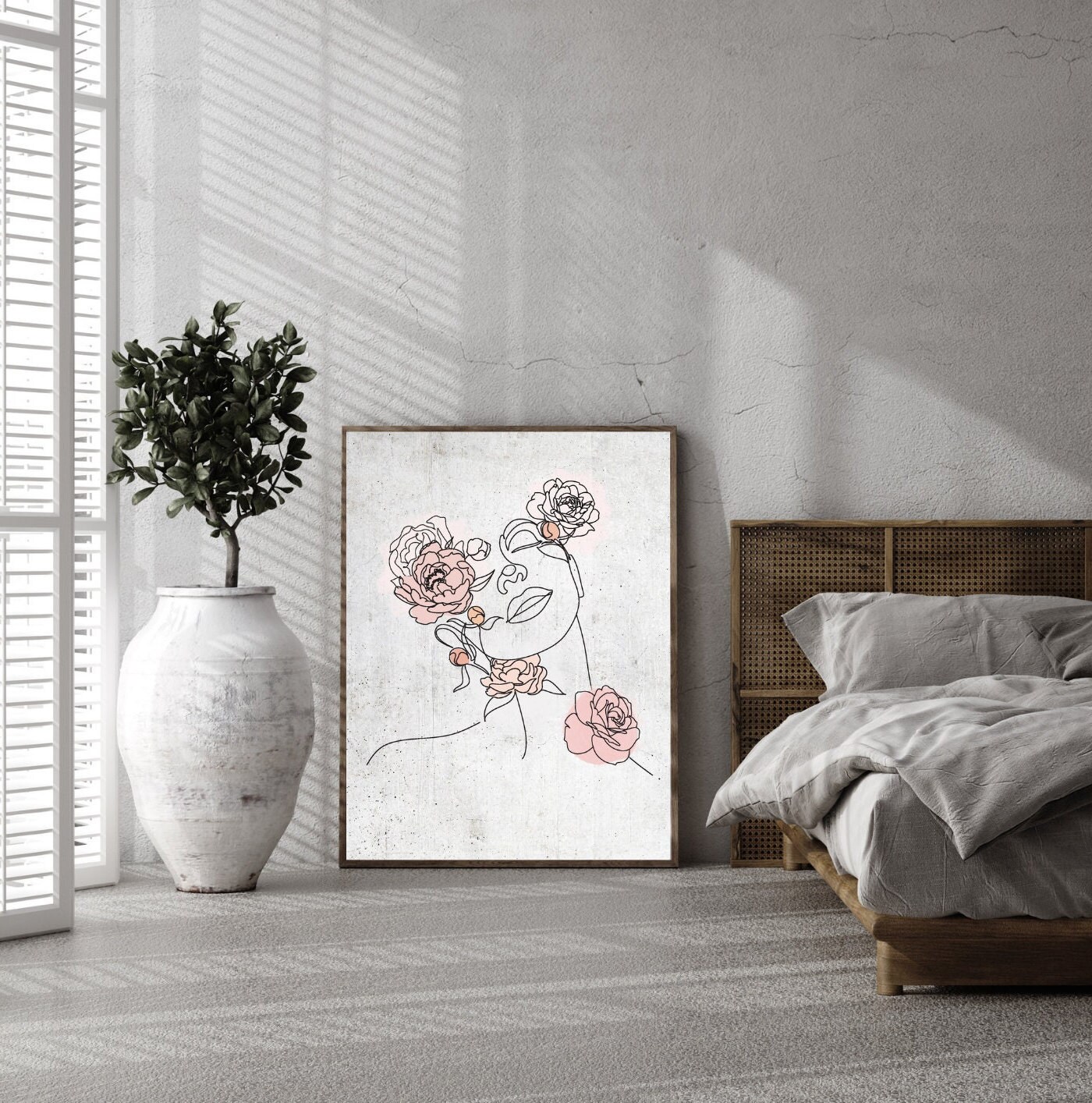 Female Face Printable Line Art, Woman Floral Head Art Decor, Abstract ...