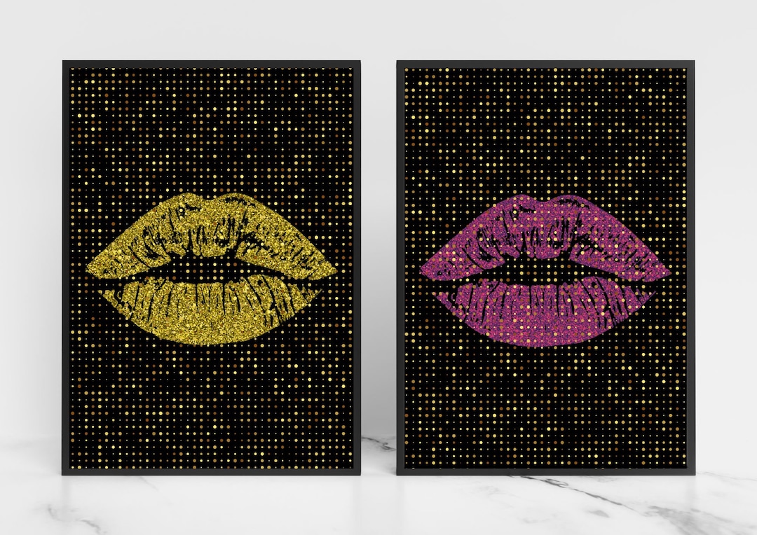 Modern Glitter Lip Prints, Gold Lip Wall Art, Purple Lip Gallery, Retro ...